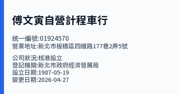 傅文寅自營計程車行的照片-統編 01924570(新北市) 公司登記資料與營業項目詳細圖表