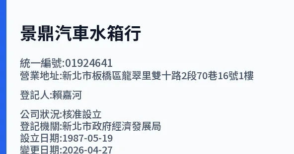 景鼎汽車水箱行的照片-統編 01924641(新北市) 公司登記資料與營業項目詳細圖表
