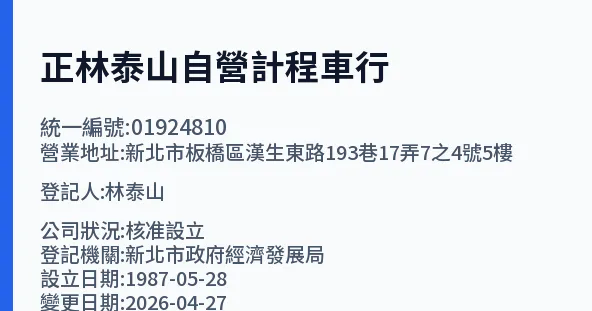 正林泰山自營計程車行的照片-統編 01924810(新北市) 公司登記資料與營業項目詳細圖表