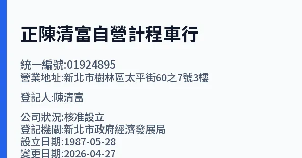 正陳清富自營計程車行的照片-統編 01924895(新北市) 公司登記資料與營業項目詳細圖表