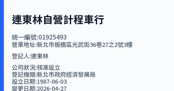 連東林自營計程車行的照片-統編 01925493(新北市) 公司登記資料與營業項目詳細圖表
