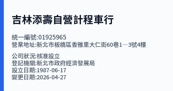 吉林添壽自營計程車行的照片-統編 01925965(新北市) 公司登記資料與營業項目詳細圖表