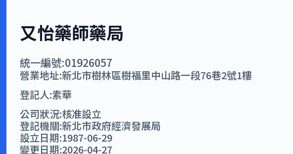 又怡藥師藥局的照片-統編 01926057(新北市) 公司登記資料與營業項目詳細圖表