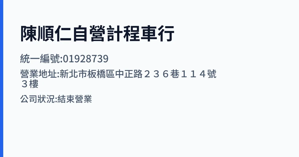 陳順仁自營計程車行 - 統編 01928739(新北市) 公司登記資料與營業項目詳細圖表
