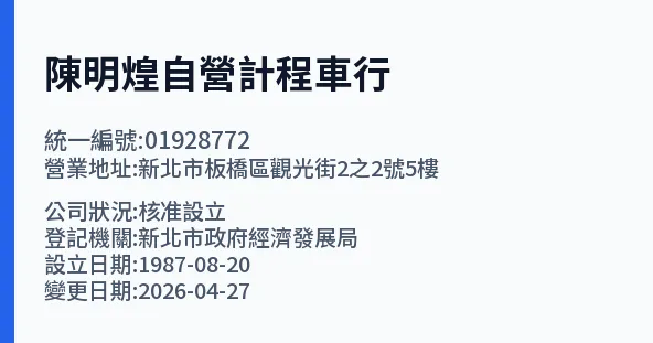 陳明煌自營計程車行的照片-統編 01928772(新北市) 公司登記資料與營業項目詳細圖表