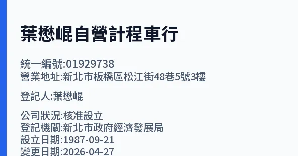 葉懋崐自營計程車行的照片-統編 01929738(新北市) 公司登記資料與營業項目詳細圖表