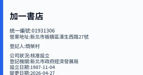 加一書店的照片-統編 01931306(新北市) 公司登記資料與營業項目詳細圖表