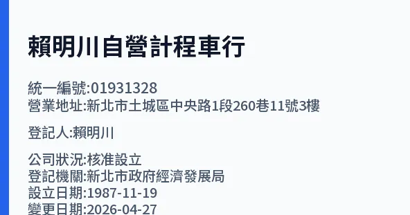 賴明川自營計程車行的照片-統編 01931328(新北市) 公司登記資料與營業項目詳細圖表