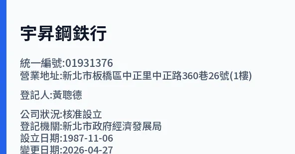 宇昇鋼鉄行的照片-統編 01931376(新北市) 公司登記資料與營業項目詳細圖表