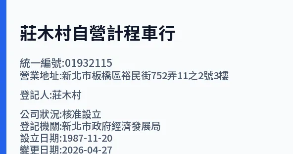 莊木村自營計程車行的照片-統編 01932115(新北市) 公司登記資料與營業項目詳細圖表