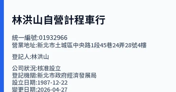 林洪山自營計程車行的照片-統編 01932966(新北市) 公司登記資料與營業項目詳細圖表