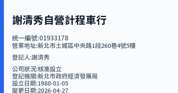 謝清秀自營計程車行的照片-統編 01933178(新北市) 公司登記資料與營業項目詳細圖表