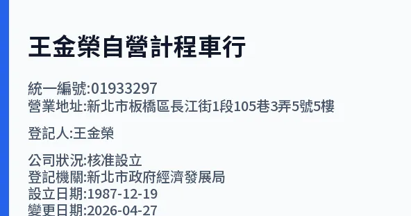 王金榮自營計程車行的照片-統編 01933297(新北市) 公司登記資料與營業項目詳細圖表