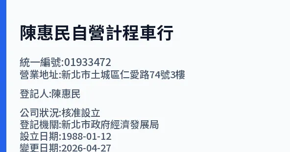 陳惠民自營計程車行的照片-統編 01933472(新北市) 公司登記資料與營業項目詳細圖表
