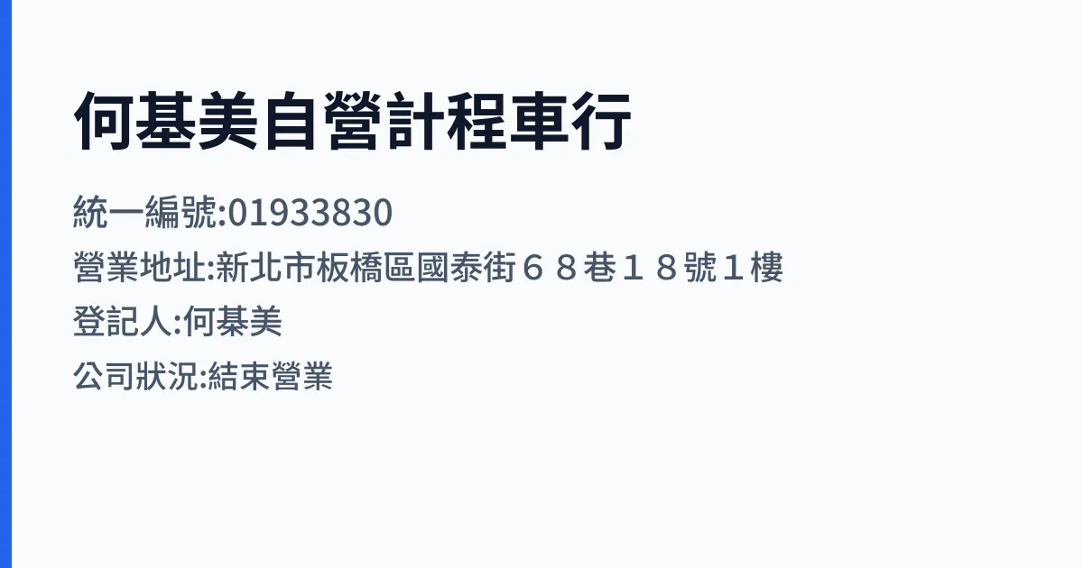 何基美自營計程車行 - 統編 01933830(新北市) 公司登記資料與營業項目詳細圖表