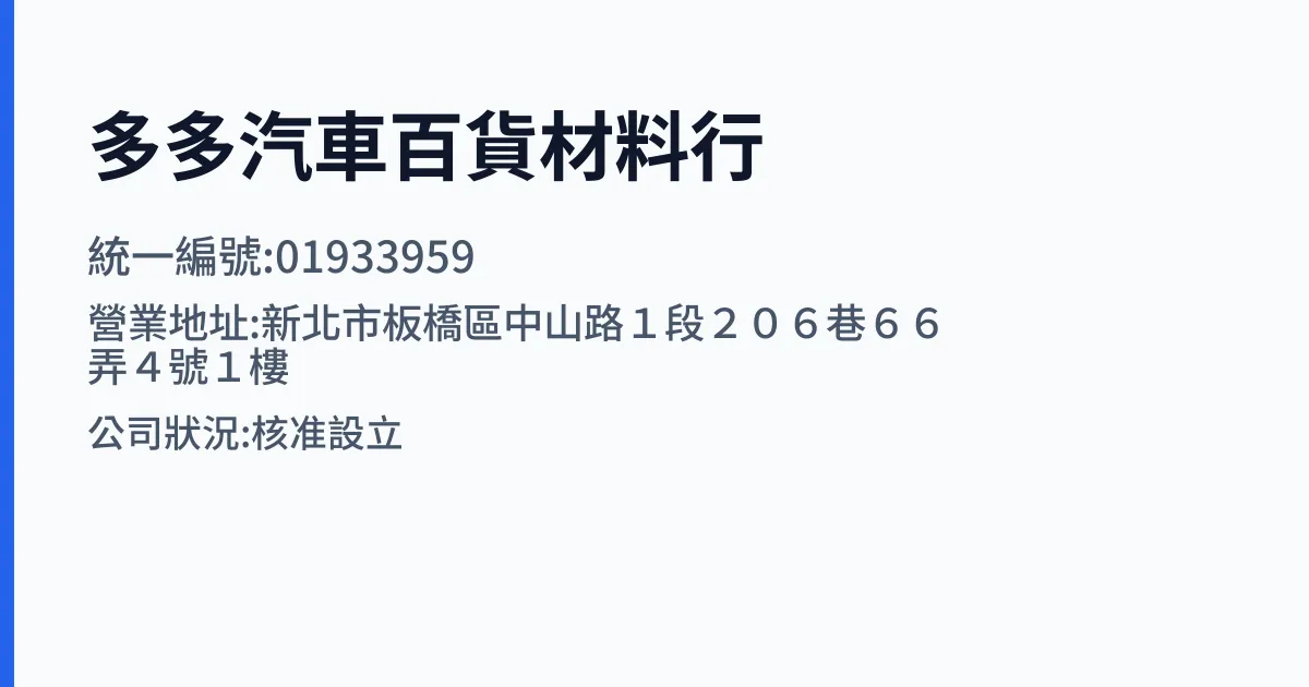 多多汽車百貨材料行 - 統編 01933959(新北市) 公司登記資料與營業項目詳細圖表
