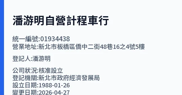潘游明自營計程車行的照片-統編 01934438(新北市) 公司登記資料與營業項目詳細圖表