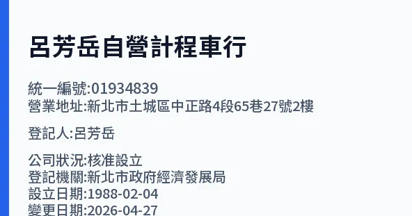 呂芳岳自營計程車行的照片-統編 01934839(新北市) 公司登記資料與營業項目詳細圖表