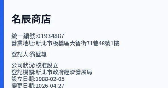 名辰商店的照片-統編 01934887(新北市) 公司登記資料與營業項目詳細圖表