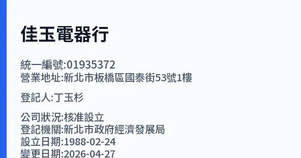 佳玉電器行的照片-統編 01935372(新北市) 公司登記資料與營業項目詳細圖表