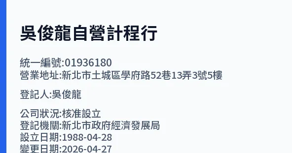 吳俊龍自營計程行的照片-統編 01936180(新北市) 公司登記資料與營業項目詳細圖表