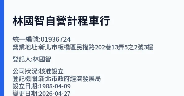 林國智自營計程車行的照片-統編 01936724(新北市) 公司登記資料與營業項目詳細圖表
