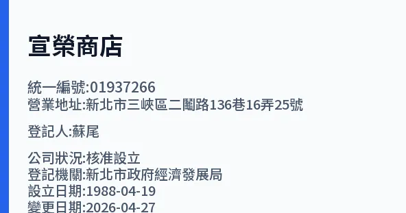 宣榮商店的照片-統編 01937266(新北市) 公司登記資料與營業項目詳細圖表