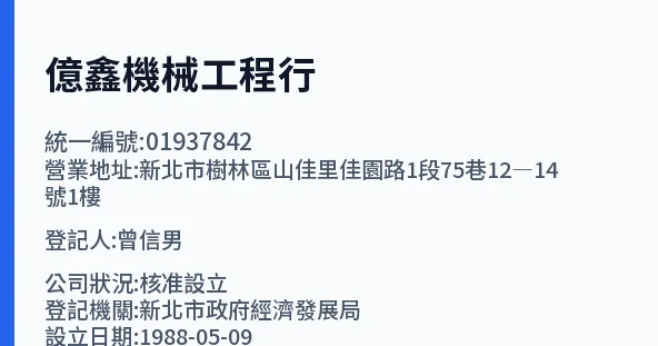 億鑫機械工程行的照片-統編 01937842(新北市) 公司登記資料與營業項目詳細圖表