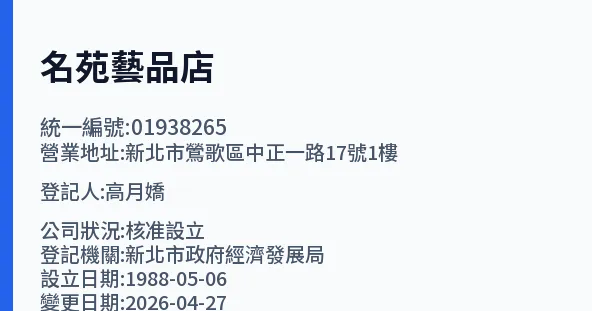 名苑藝品店的照片-統編 01938265(新北市) 公司登記資料與營業項目詳細圖表