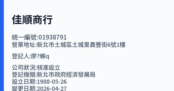 佳順商行的照片-統編 01938791(新北市) 公司登記資料與營業項目詳細圖表