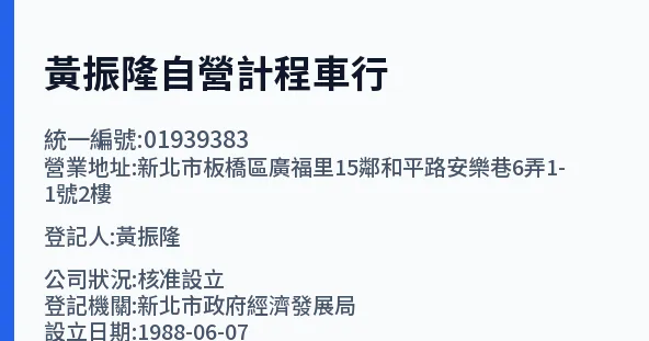 黃振隆自營計程車行的照片-統編 01939383(新北市) 公司登記資料與營業項目詳細圖表