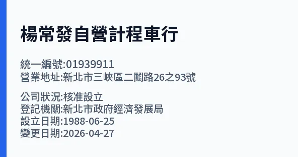 楊常發自營計程車行的照片-統編 01939911(新北市) 公司登記資料與營業項目詳細圖表