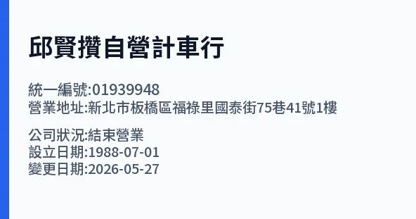 邱賢攢自營計車行的照片-統編 01939948(新北市) 公司登記資料與營業項目詳細圖表