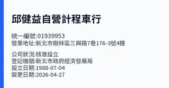 邱健益自營計程車行的照片-統編 01939953(新北市) 公司登記資料與營業項目詳細圖表
