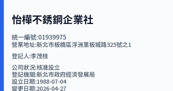 怡樺不銹鋼企業社的照片-統編 01939975(新北市) 公司登記資料與營業項目詳細圖表