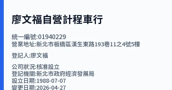 廖文福自營計程車行的照片-統編 01940229(新北市) 公司登記資料與營業項目詳細圖表