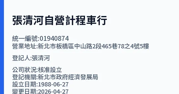 張清河自營計程車行的照片-統編 01940874(新北市) 公司登記資料與營業項目詳細圖表