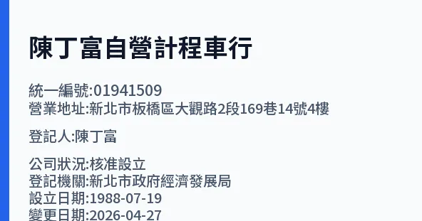 陳丁富自營計程車行的照片-統編 01941509(新北市) 公司登記資料與營業項目詳細圖表