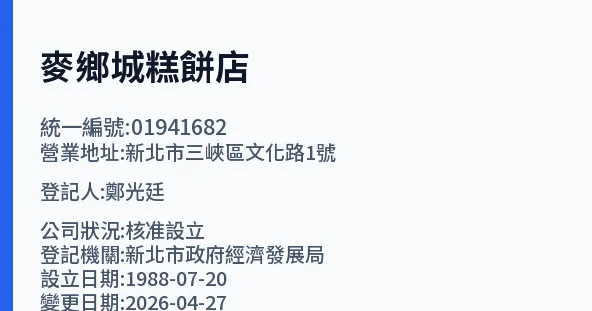 麥鄉城糕餅店的照片-統編 01941682(新北市) 公司登記資料與營業項目詳細圖表