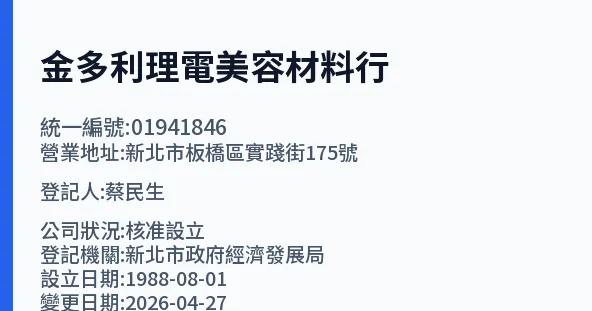 金多利理電美容材料行的照片-統編 01941846(新北市) 公司登記資料與營業項目詳細圖表