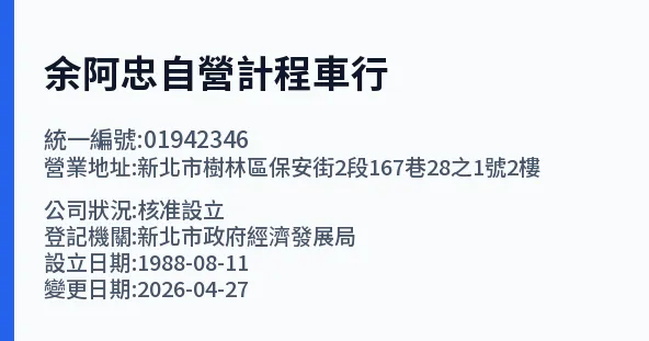 余阿忠自營計程車行的照片-統編 01942346(新北市) 公司登記資料與營業項目詳細圖表