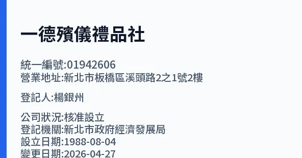 一德殯儀禮品社的照片-統編 01942606(新北市) 公司登記資料與營業項目詳細圖表