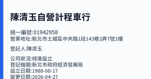 陳清玉自營計程車行的照片-統編 01942958(新北市) 公司登記資料與營業項目詳細圖表