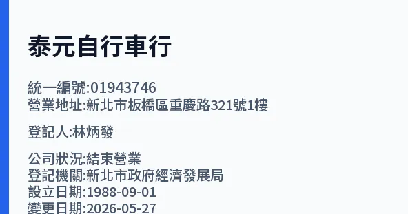 泰元自行車行的照片-統編 01943746(新北市) 公司登記資料與營業項目詳細圖表