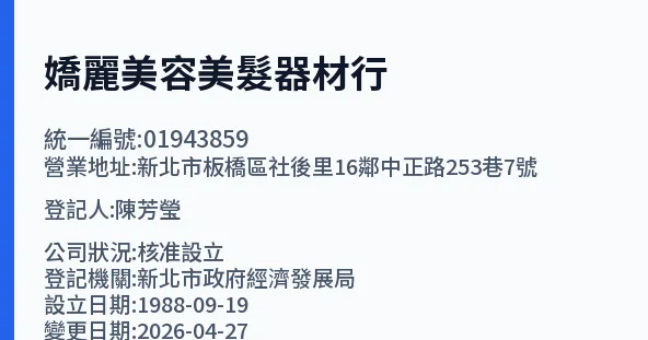 嬌麗美容美髮器材行的照片-統編 01943859(新北市) 公司登記資料與營業項目詳細圖表