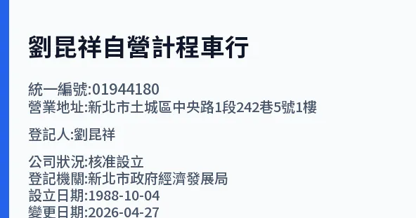 劉昆祥自營計程車行的照片-統編 01944180(新北市) 公司登記資料與營業項目詳細圖表