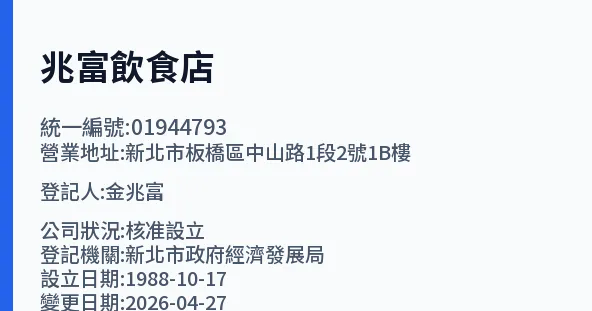 兆富飲食店的照片-統編 01944793(新北市) 公司登記資料與營業項目詳細圖表
