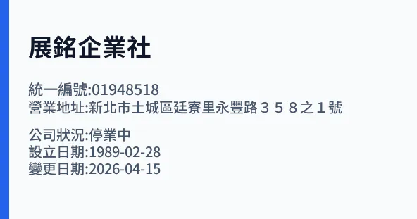 展銘企業社的照片-統編 01948518(新北市) 公司登記資料與營業項目詳細圖表