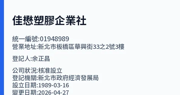 佳懋塑膠企業社的照片-統編 01948989(新北市) 公司登記資料與營業項目詳細圖表