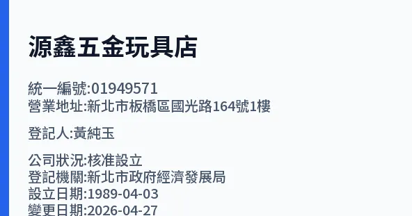 源鑫五金玩具店的照片-統編 01949571(新北市) 公司登記資料與營業項目詳細圖表